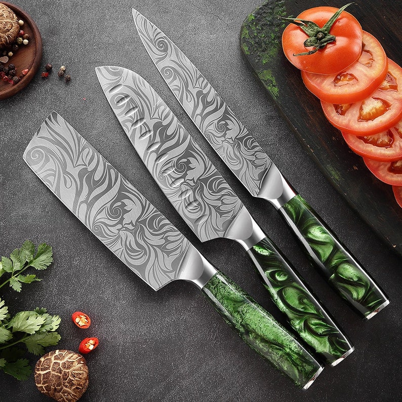 Beautifully Engraved Knife Set Japanese Knife Set With Green - Etsy