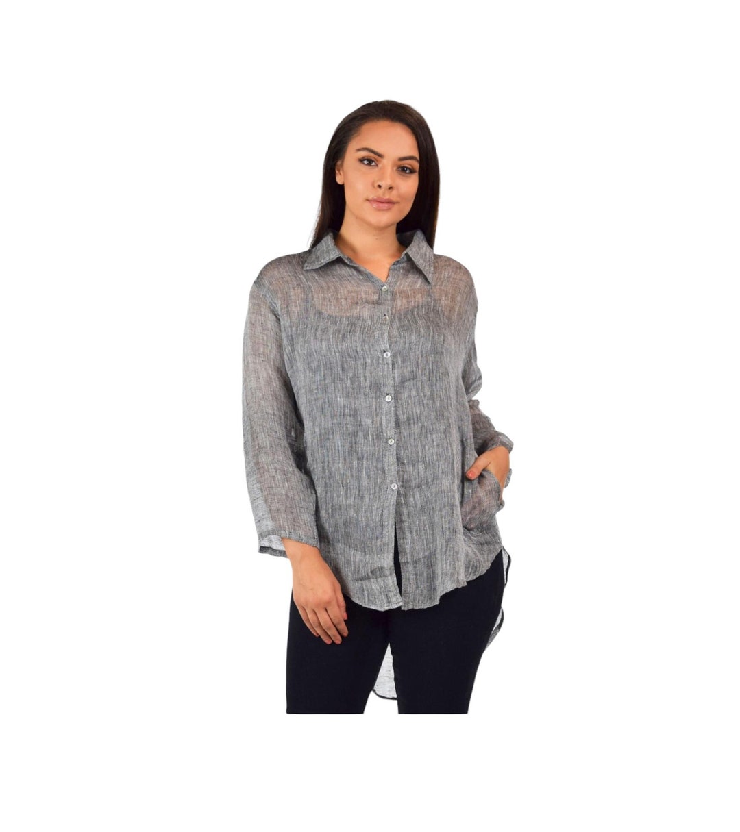 Linen Gauze Buttoned Shirt, Linen Blouse, Hi Low Linen Gauze Shirt ...