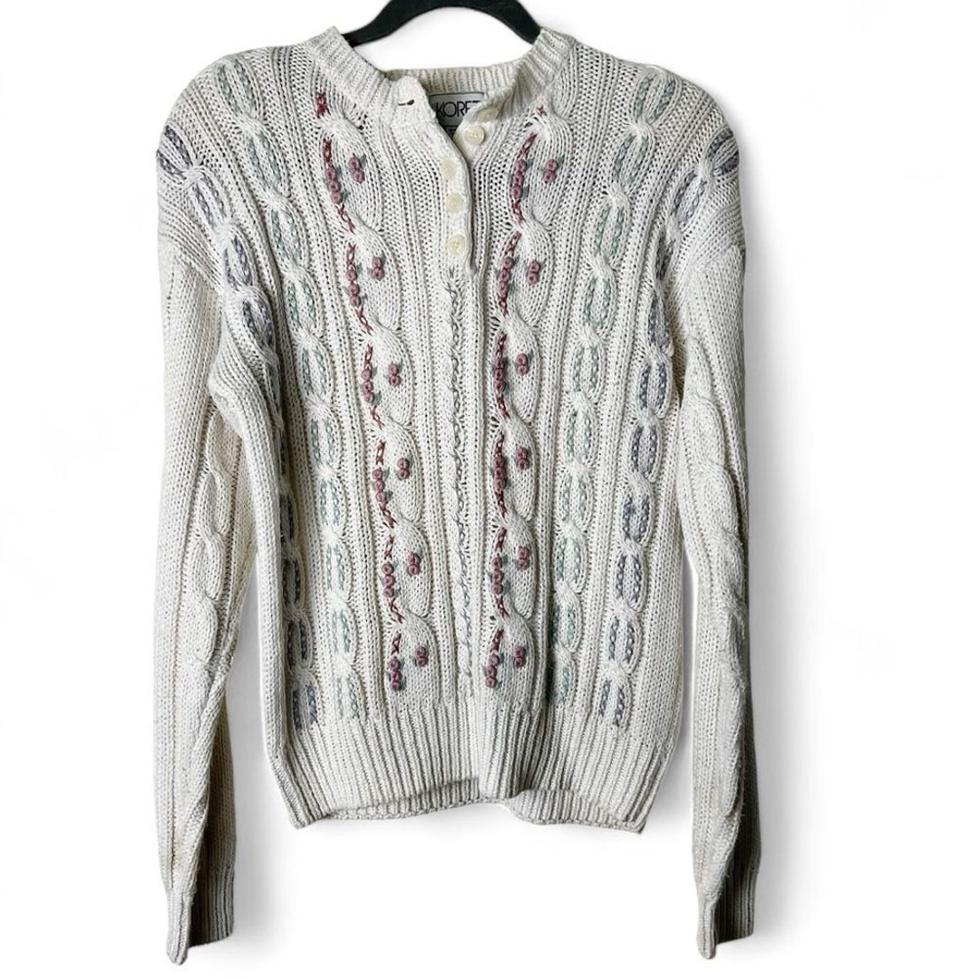 Koret Vintage Cable Knit Floral Henley Sweater Cottagecore 80s 90s Sz ...