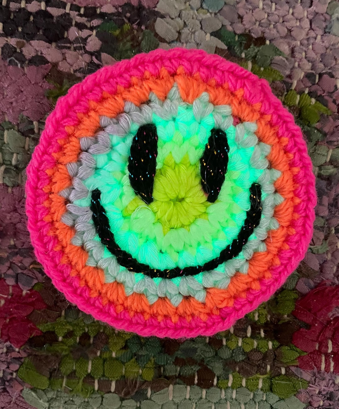 Freerange Smilies, Smiley, Crochet Badge, Festival, Rave, Acid House ...