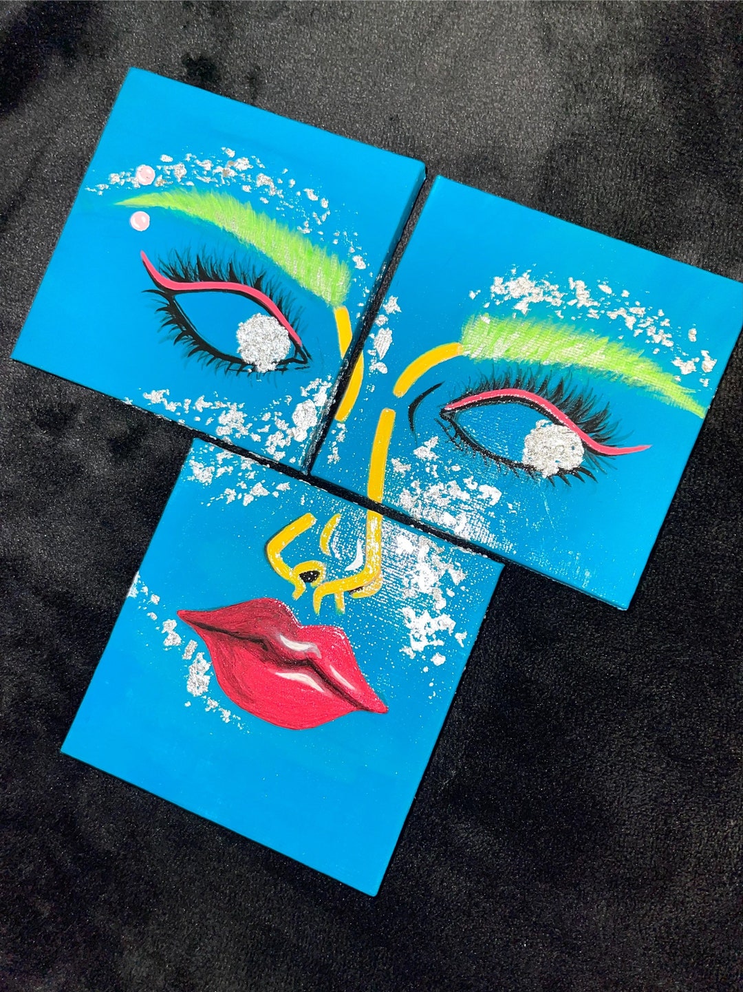 Womans Portrait/funky Face/triptych/red Lips/green Eyebrows/pink ...