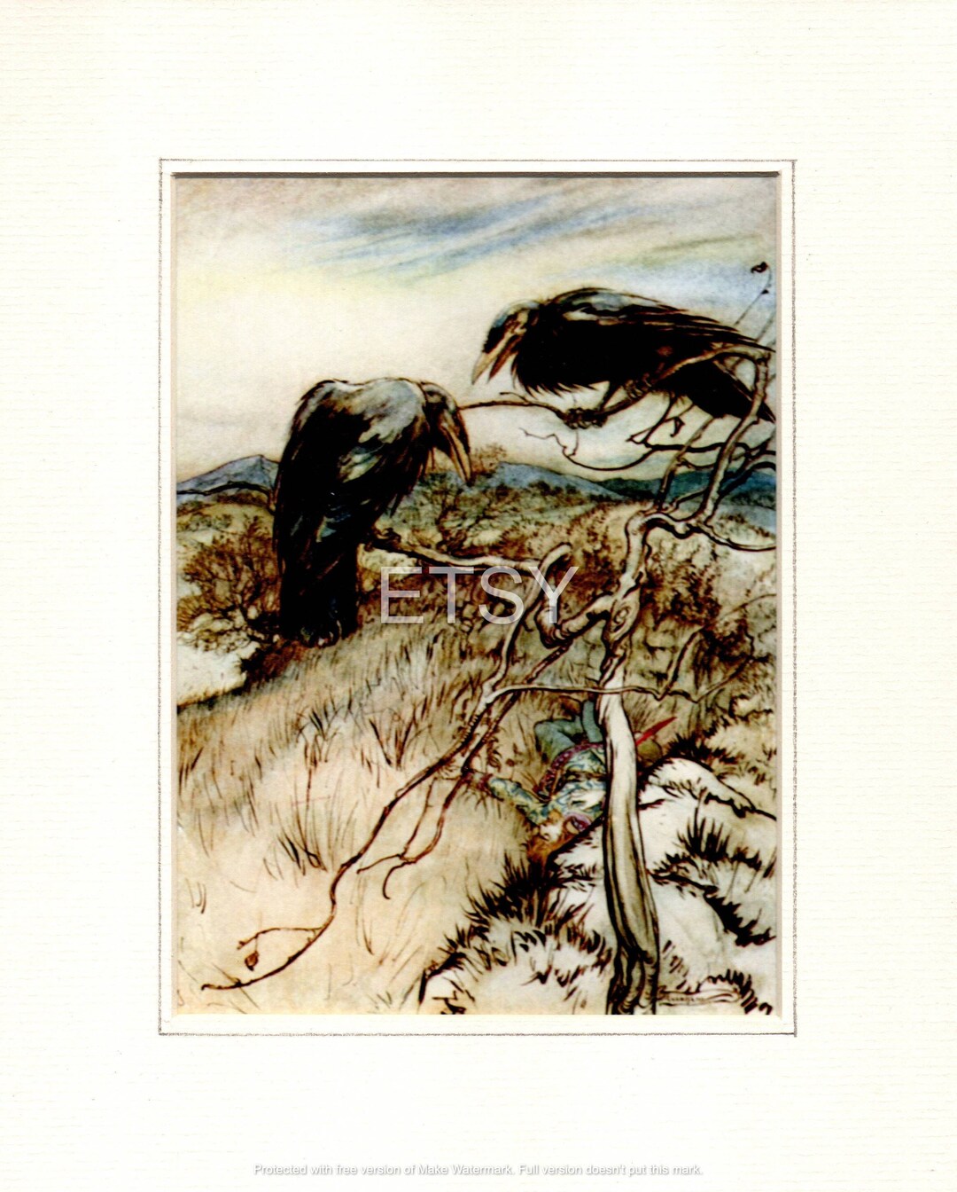 ARTHUR RACKHAM Mounted Print Crow Raven Corbie Nest Tree Bird Matted ...
