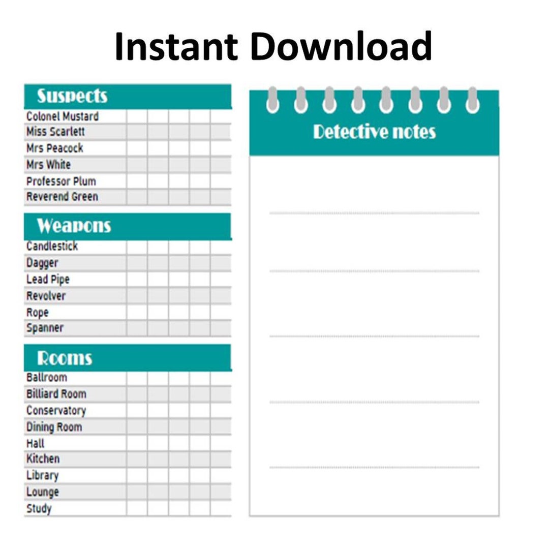 Replacement Cluedo Clue Detective Scorecard Sheets Printable Download ...