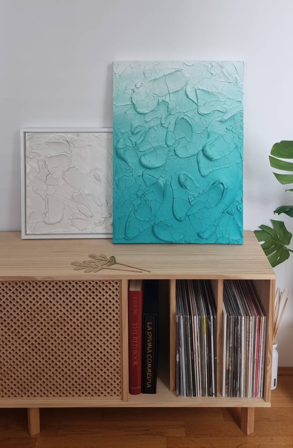 Original Abstract Textured Wall Art. White and Turquoise Gradient With ...
