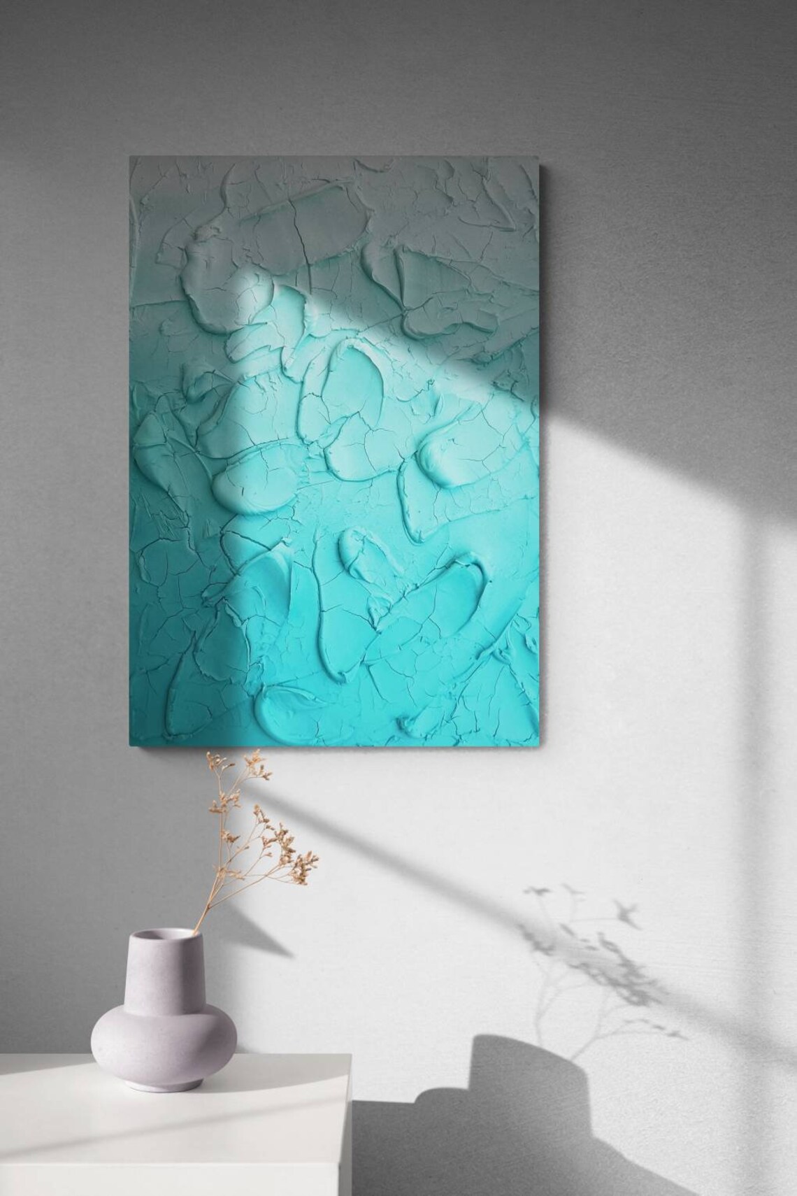 Original Abstract Textured Wall Art. White and Turquoise Gradient With ...