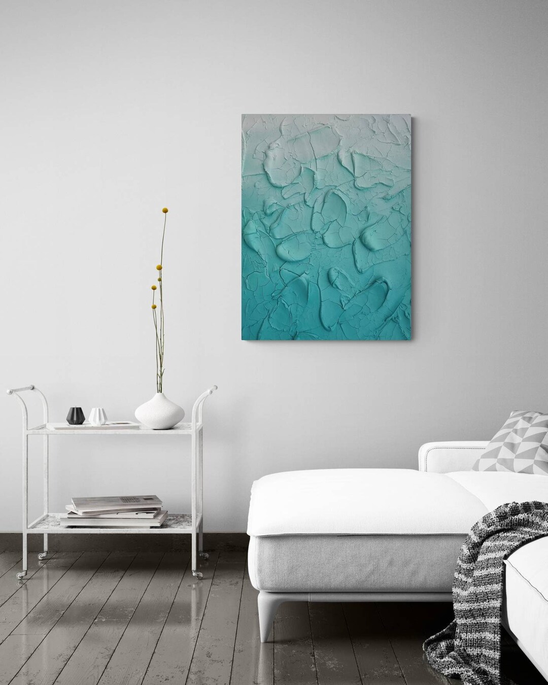 Original Abstract Textured Wall Art. White and Turquoise Gradient With ...