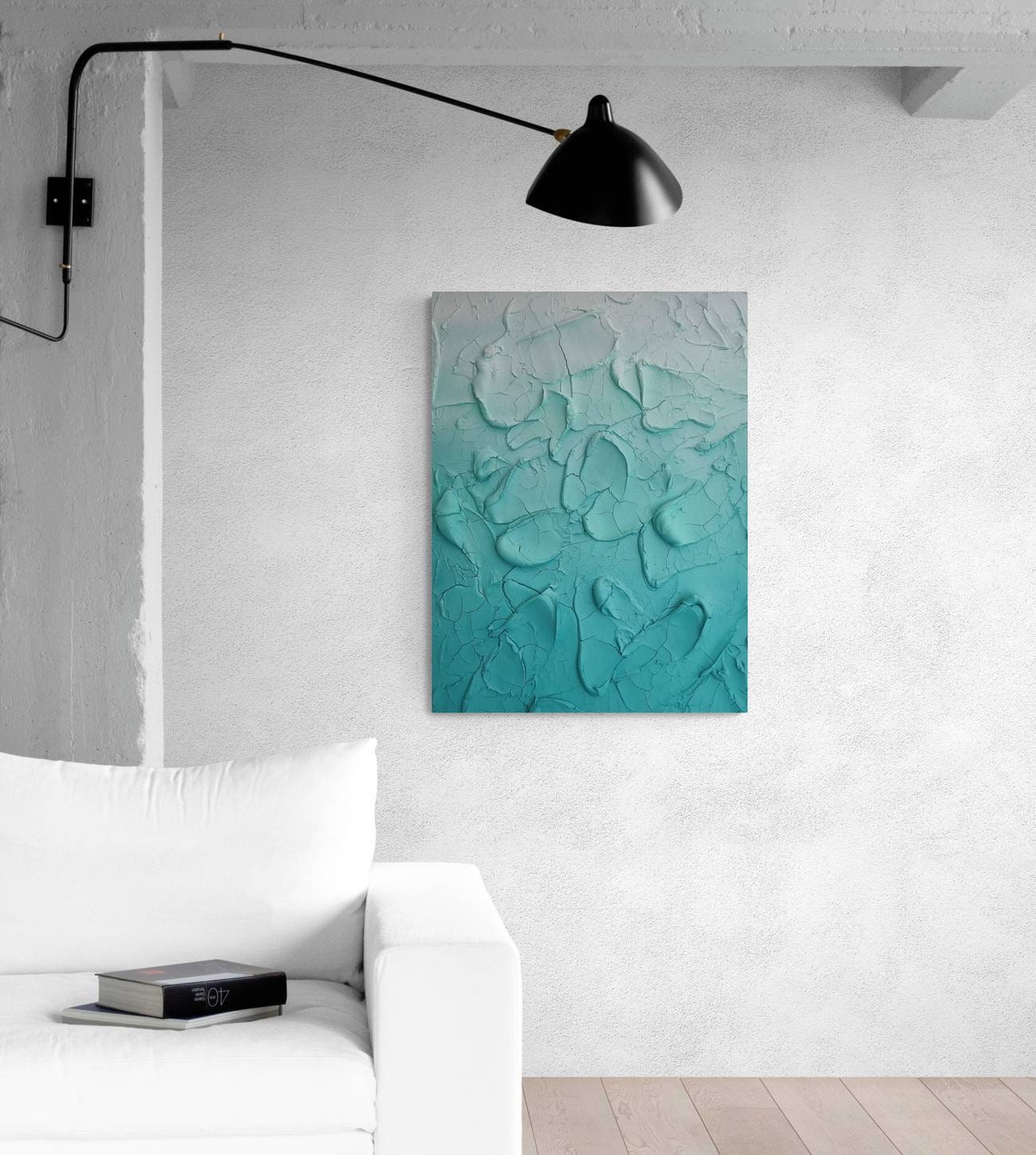 Original Abstract Textured Wall Art. White and Turquoise Gradient With ...