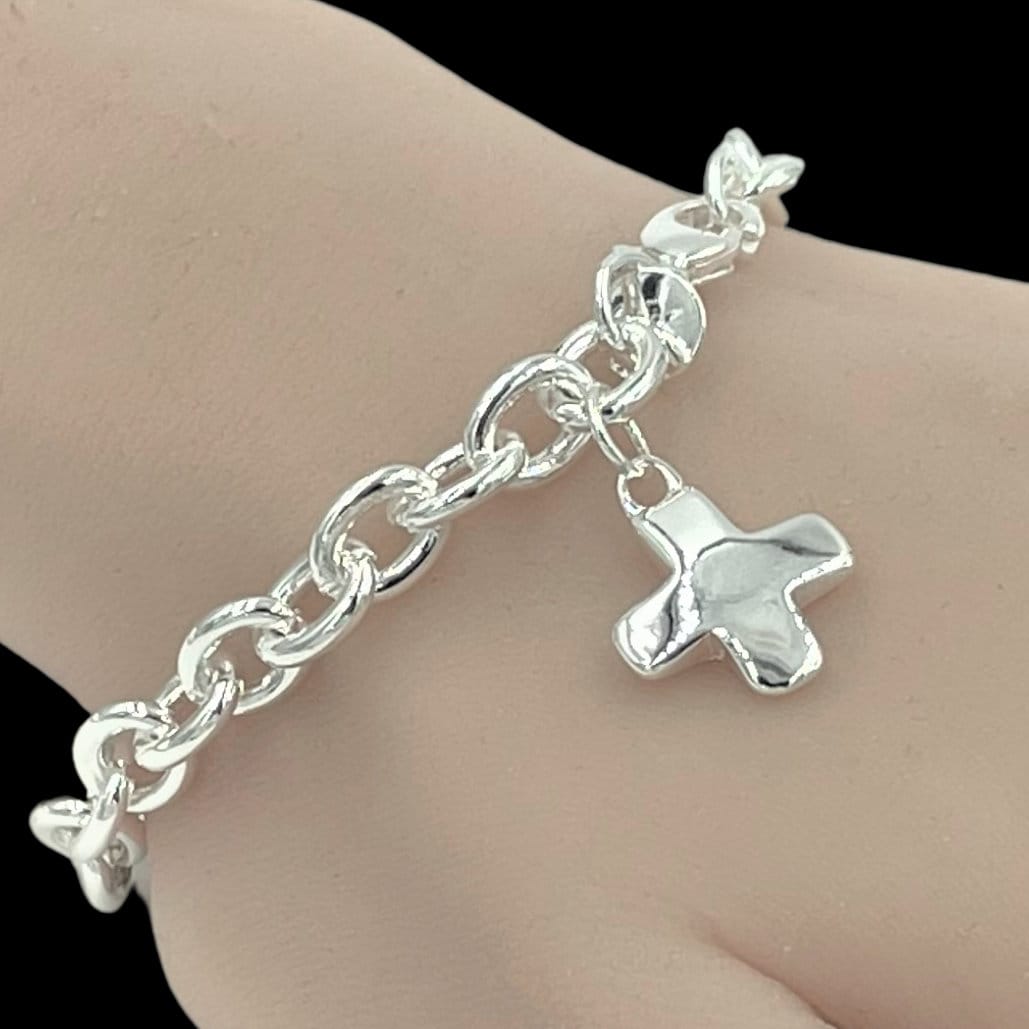 Cross Charm Chain Link Bracelet Silver Sterling Silver - Etsy