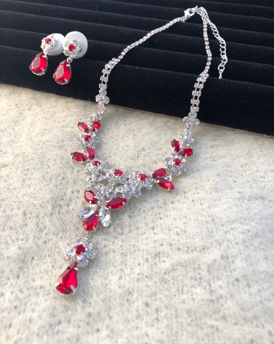 Elegant Ruby Crystal Rhinestone Necklace Set, Prom Jewelry, Gifts - Etsy