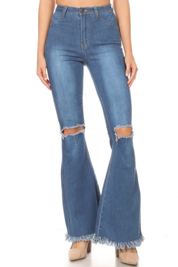 Bell Bottom Jeans Ripped High Waist Medium Blue Washed Bell - Etsy