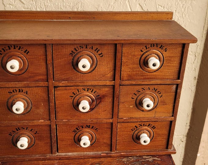 Antique Wood Apothecary Spice Rack 9 Drawer Wall Mount Porcelain ...