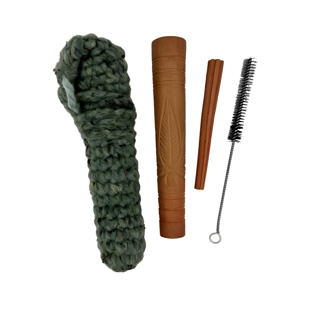 Chillum Clay Indian Smoking Pipe With Handmade Knit Case 6" Long High Quality Artisan Craft LEAF ...