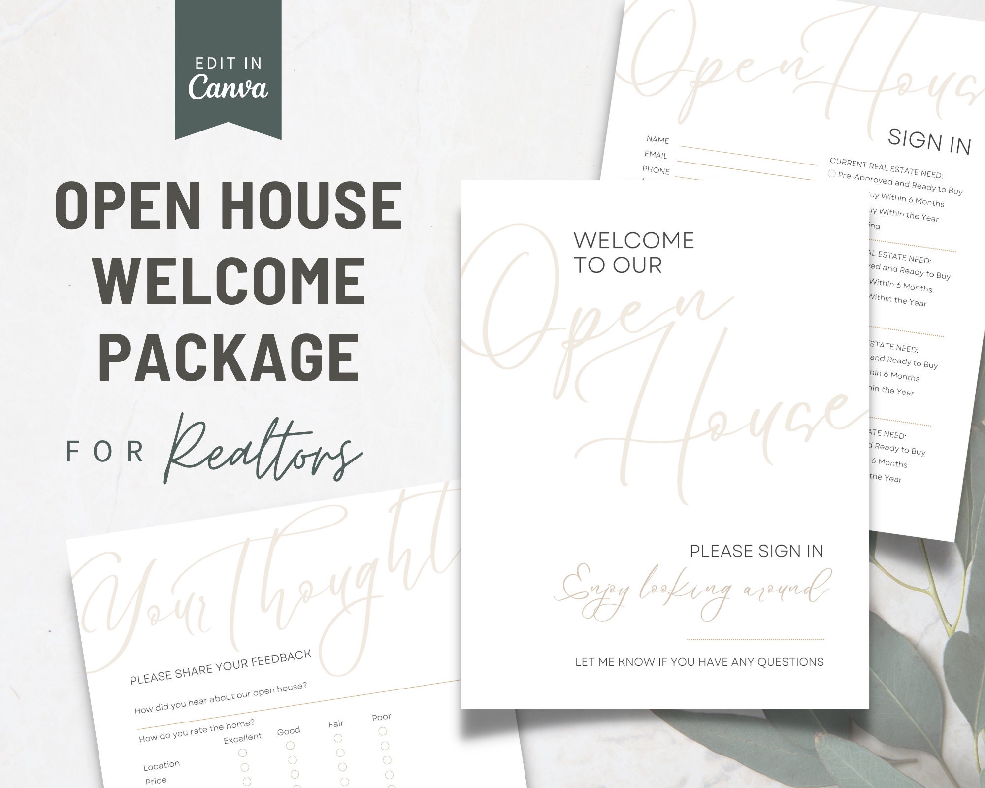Open House Welcome Sign, Sign in Sheet, Feedback Form Real Estate ...