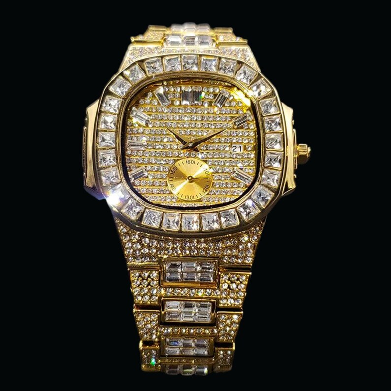 18K Gold Plated Watch Men's Iced Out Luxury Watch - Etsy