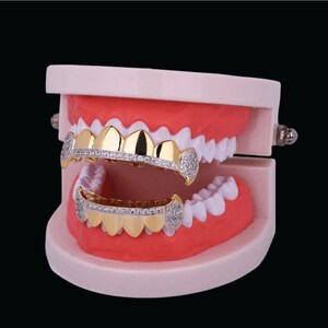 18k Plated Iced Out Design Fang Mouth Grillz Gold Set Comes - Etsy