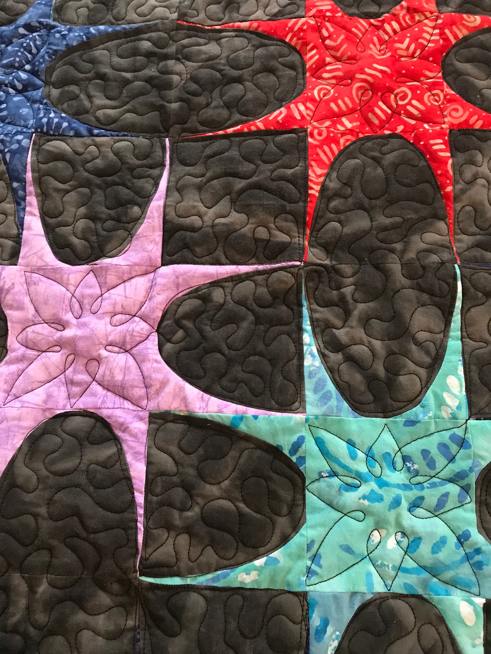 Homemade Queen-size Quilt, Batik Fabric, Stars, Comforter, Bedspread ...