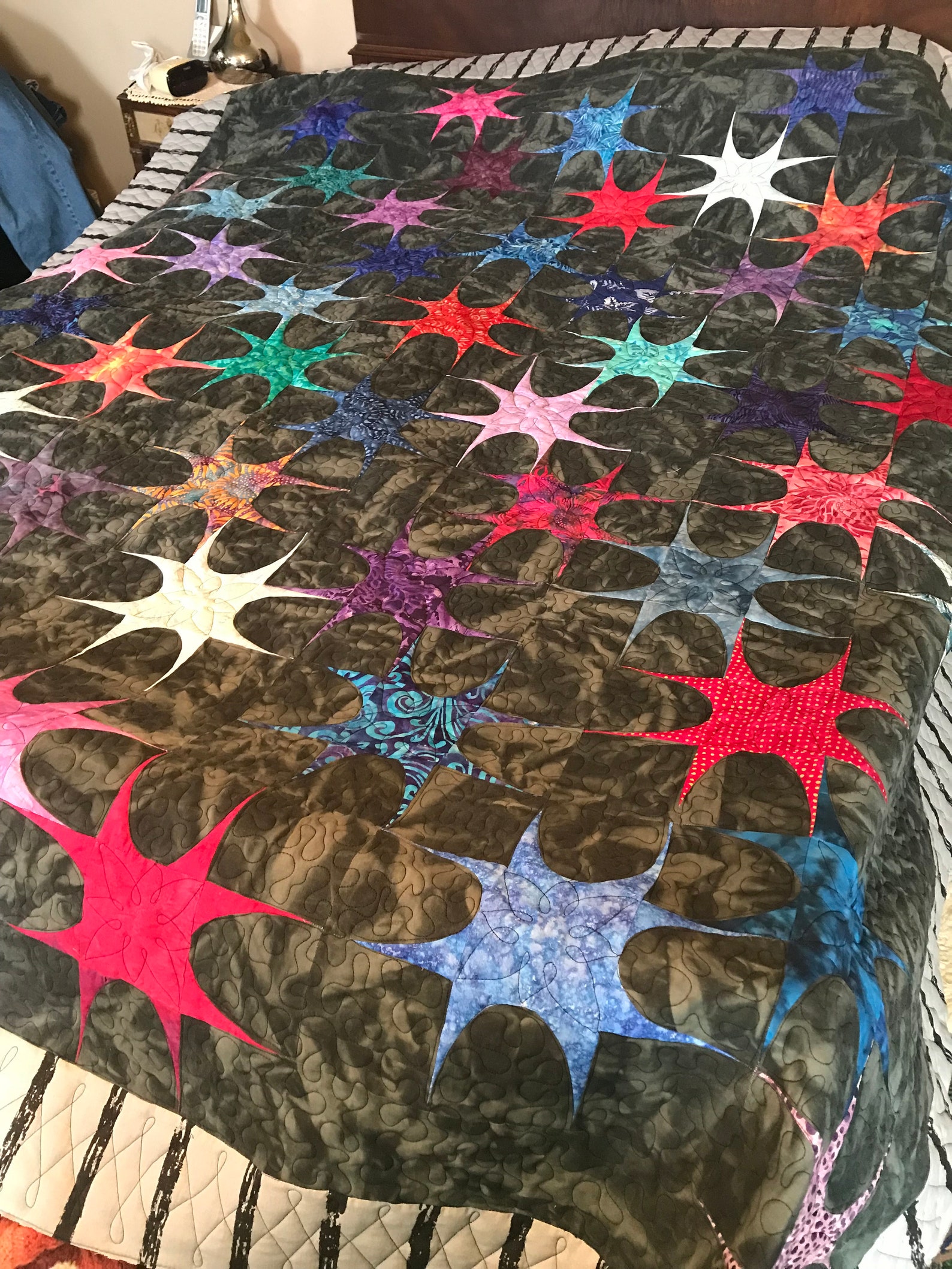 Homemade Queen-size Quilt, Batik Fabric, Stars, Comforter, Bedspread ...