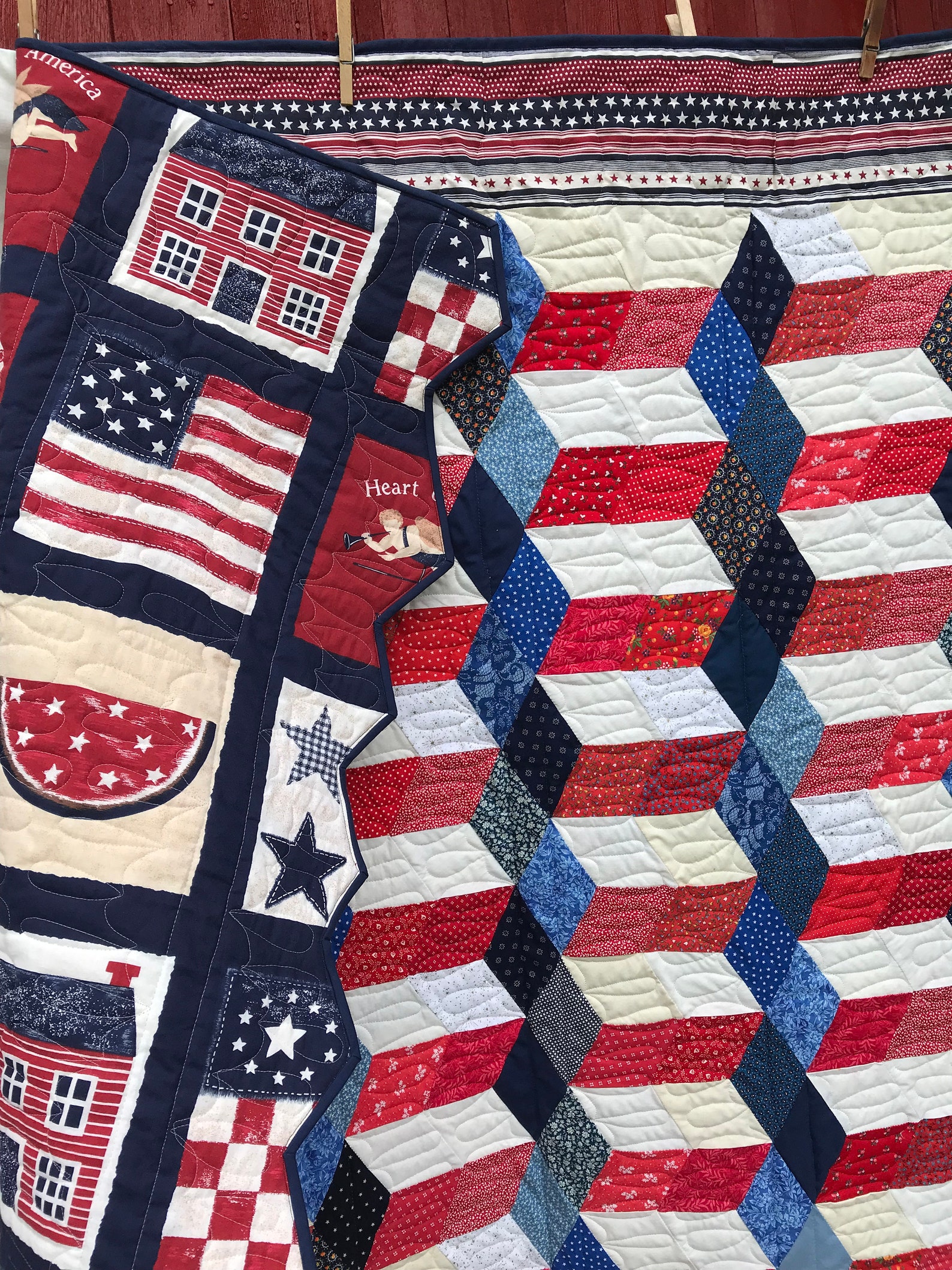 Tumbling Flag Quilt, Hand Pieced, Twin Size, Patriotic, Machine-quilted ...