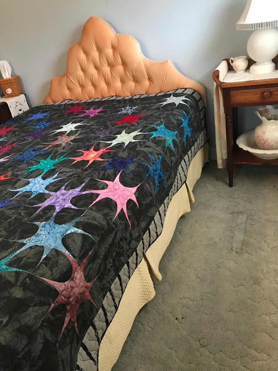 Homemade Queen-size Quilt, Batik Fabric, Stars, Comforter, Bedspread ...