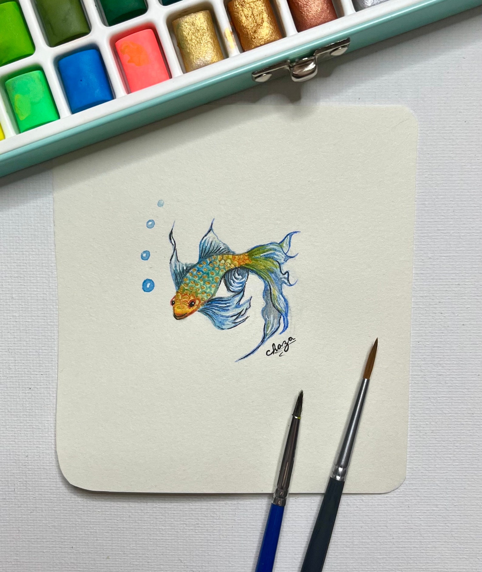 Original Watercolor Mini Painting of a Tiny Koi Fish Named "golden Face ...