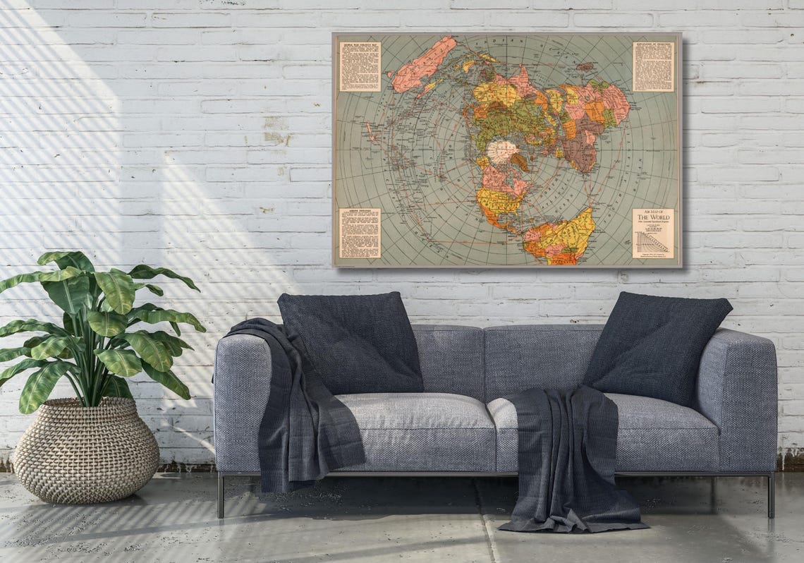 Flat Earth Map Polar Azimuthal Equidistant Projection 1943 WWII Wall ...