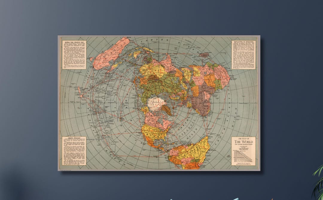 Flat Earth Map Polar Azimuthal Equidistant Projection 1943 WWII Wall ...