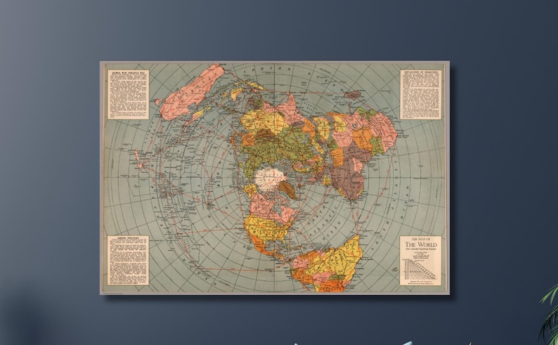 Flat Earth Map Polar Azimuthal Equidistant Projection 1943 WWII Wall ...