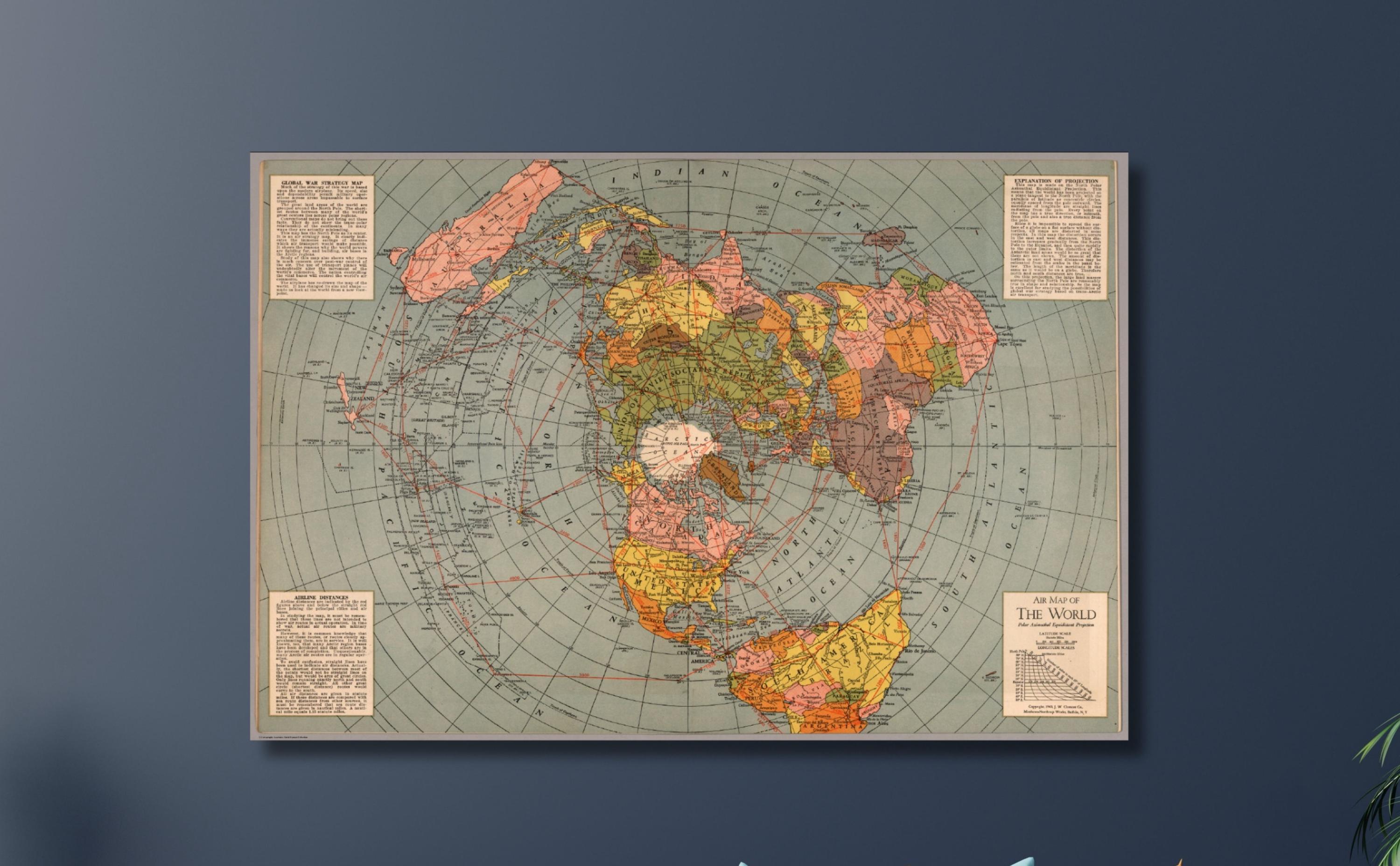 Flat Earth Map Polar Azimuthal Equidistant Projection 1943 WWII Wall ...