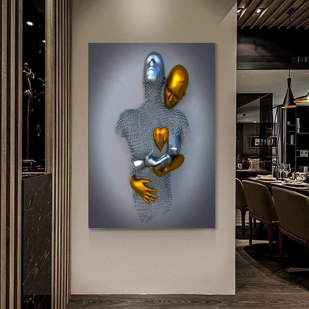 Silver Gold Hugging Couple Heart Wall Art /3D Effect Canvas Print ...