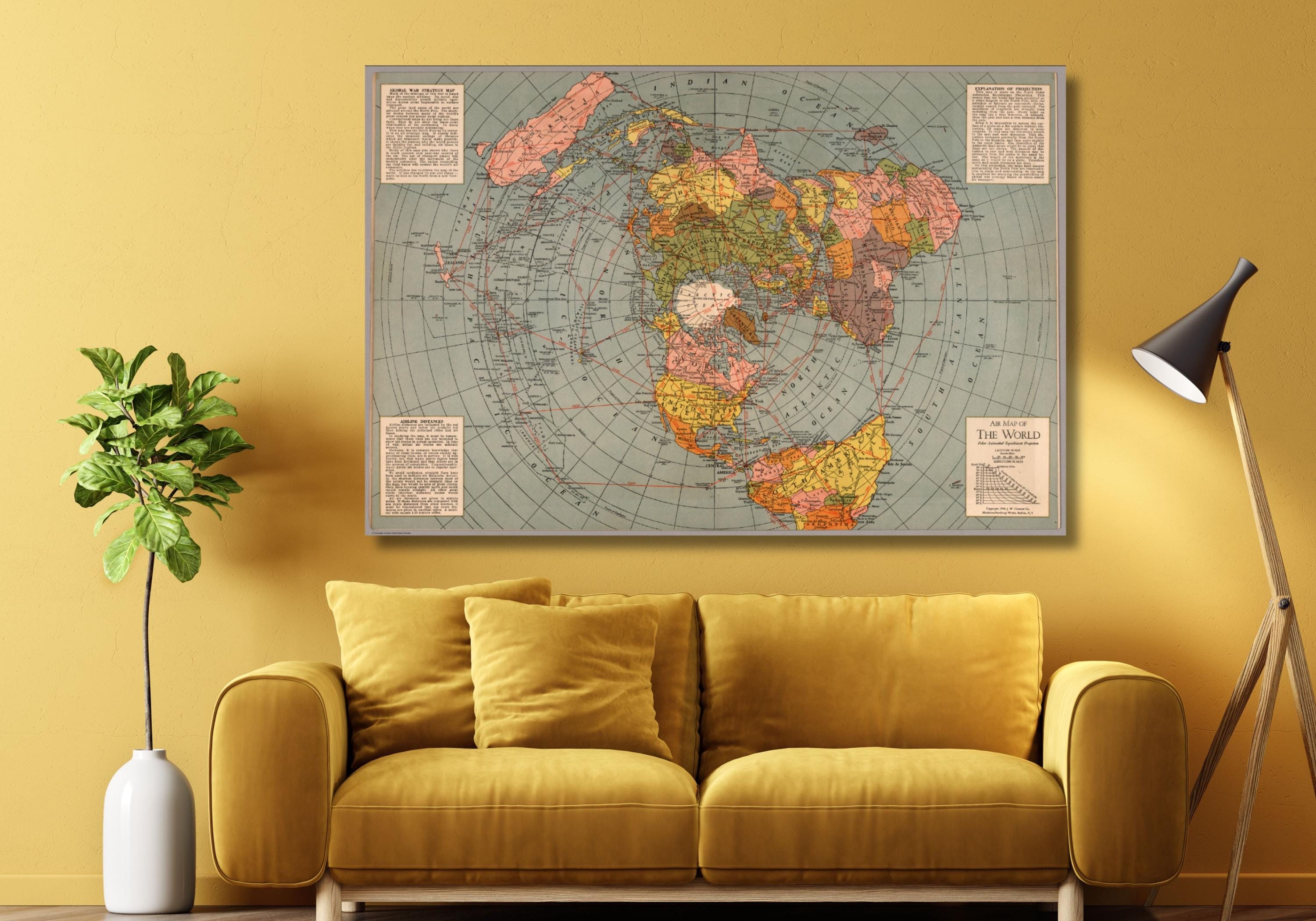 Flat Earth Map Polar Azimuthal Equidistant Projection 1943 WWII Wall ...