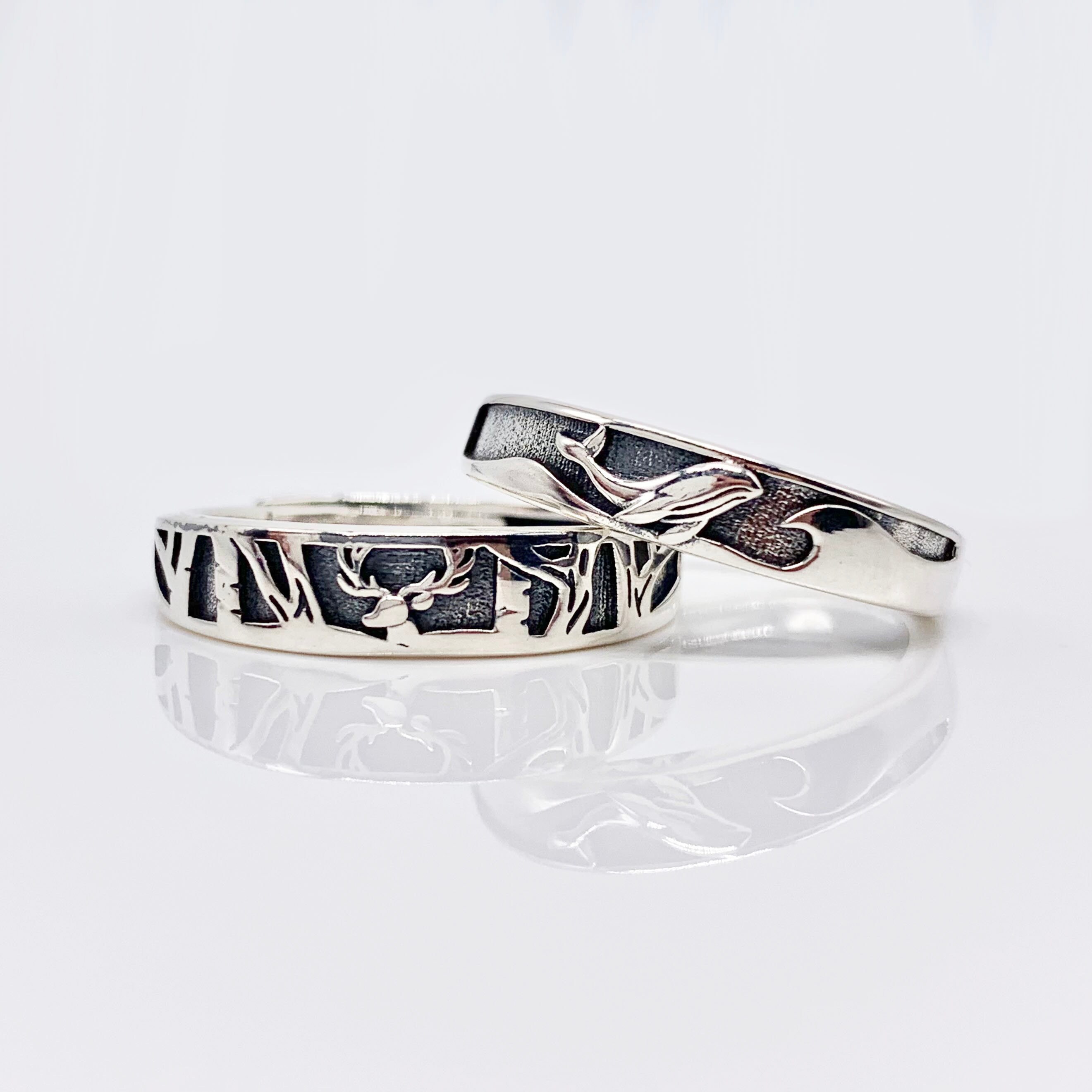 2 Couple Rings Set Real Silver S925 Forest and Sea Promise - Etsy