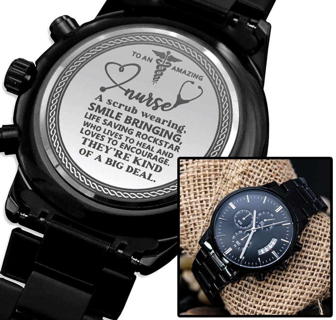 Engraved Nurse Watch Gift, Personalized Black Stainless Steel Watch ...