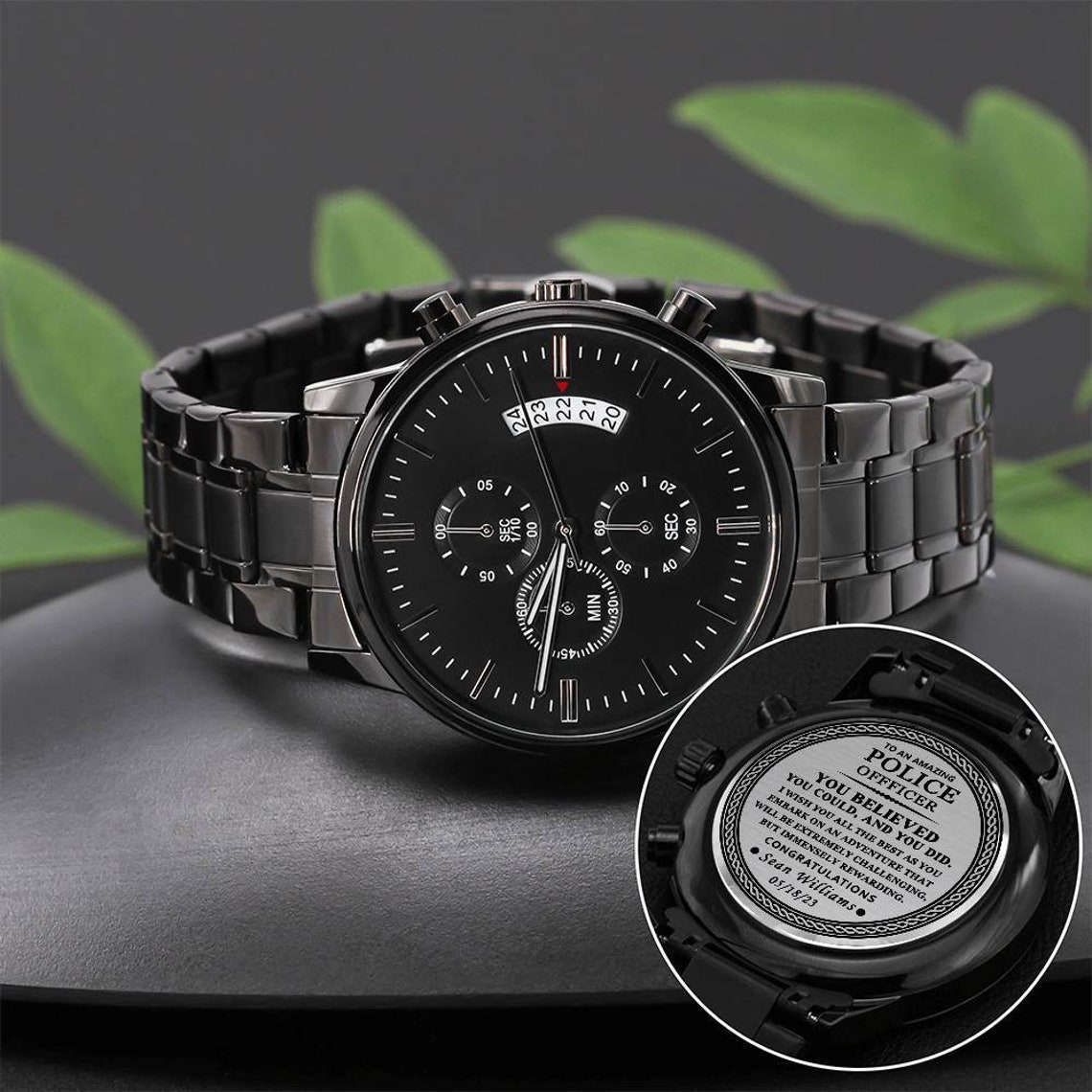 Personalized Police Officer Watch, Custom Engraved Black Timepiece ...