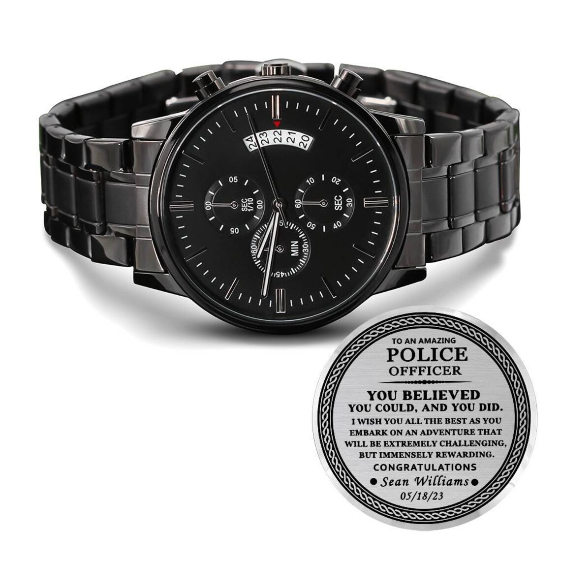 Personalized Police Officer Watch, Custom Engraved Black Timepiece ...