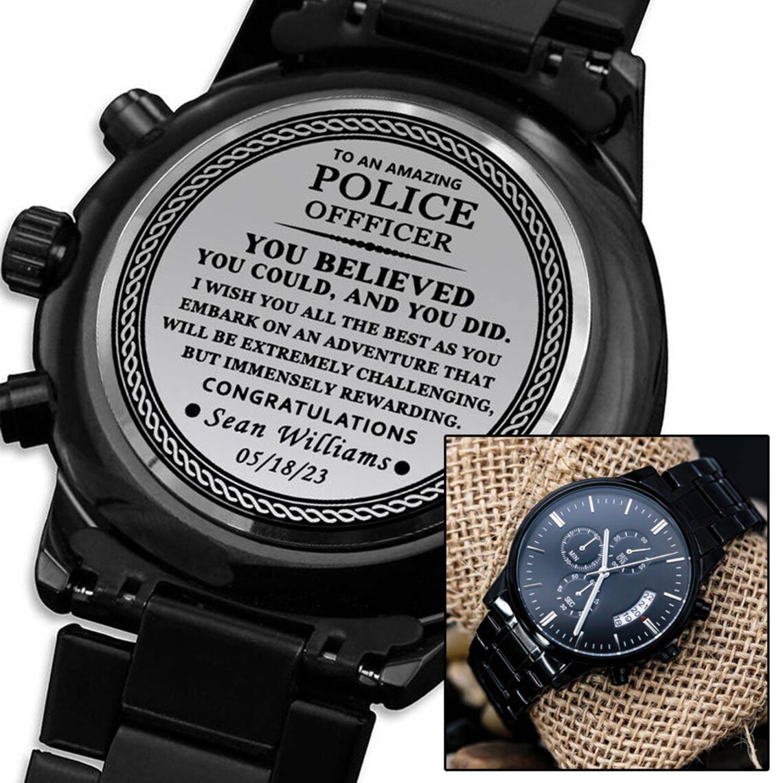 Personalized Police Officer Watch, Custom Engraved Black Timepiece ...