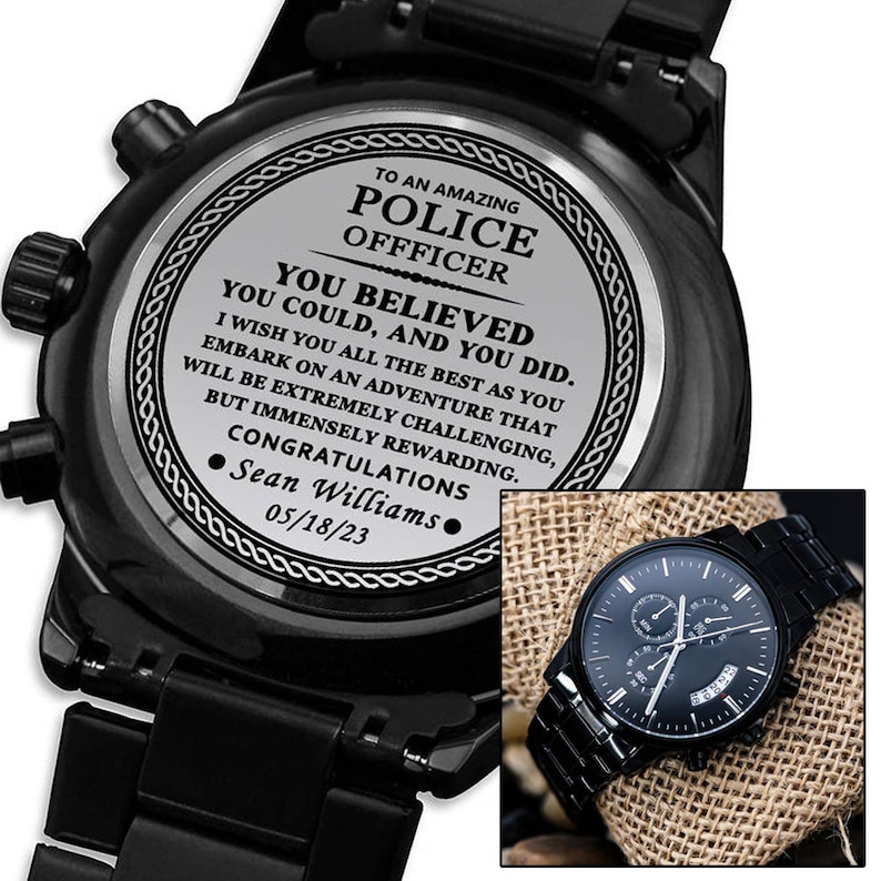 Personalized Police Officer Watch, Custom Engraved Black Timepiece ...