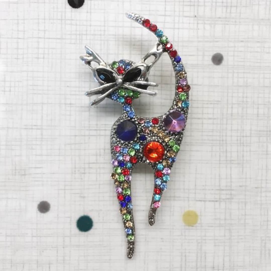 Vintage Style New Multi Coloured Rhinestone Cat Pin Brooch Gift UK ...