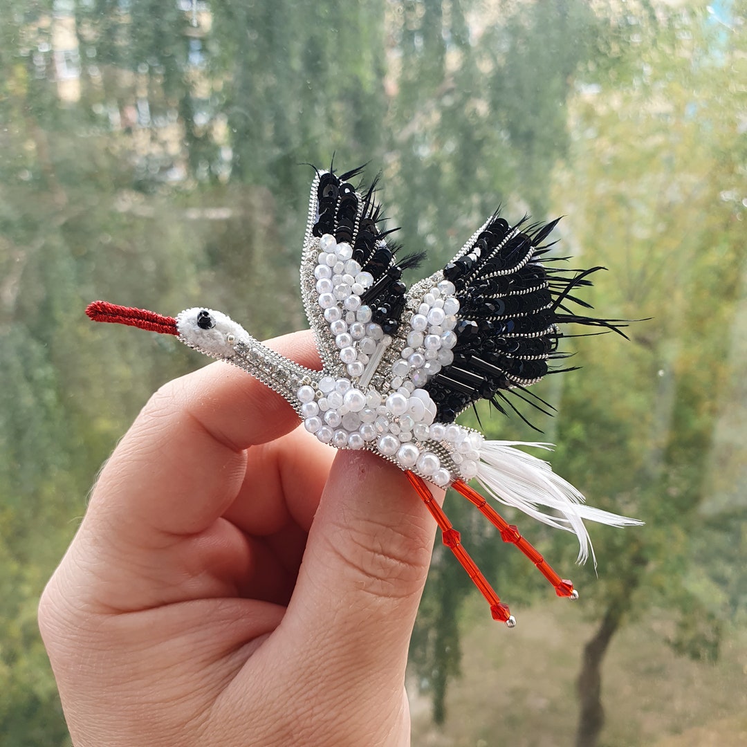 Stork Bird Brooch, Handmade Animal Beaded Brooch Pin, Unique Pregnancy ...