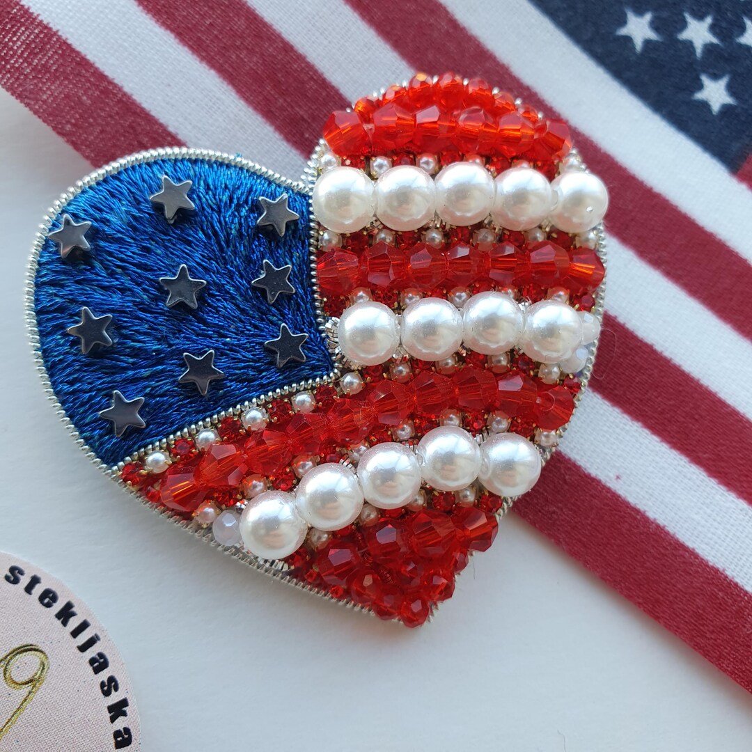 American Flag Brooch Pin, USA Heart Handmade Patriotic Brooch ...