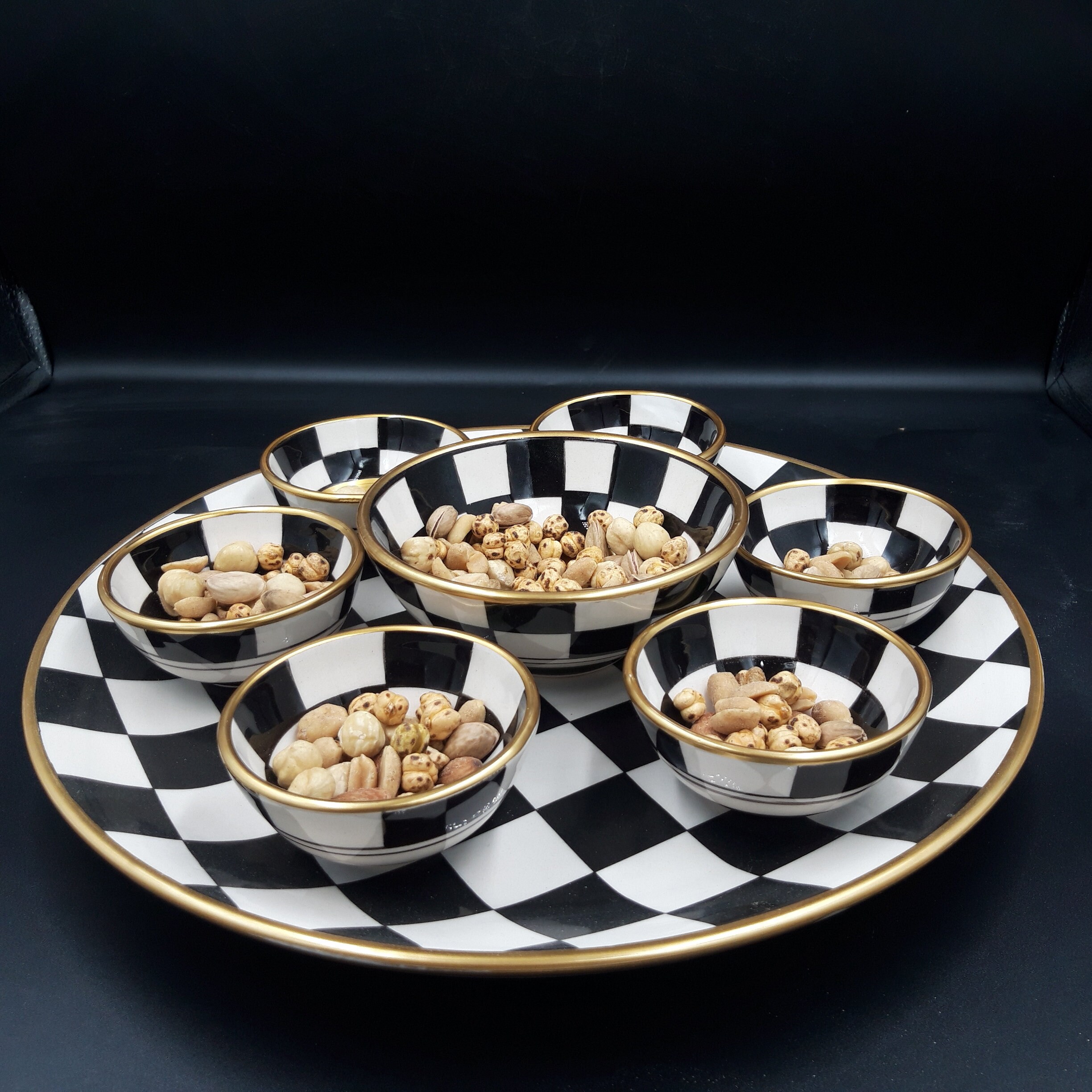 Black and White Checkered Gold Rimmed 7 Piece Breakfast and Snack Set ...