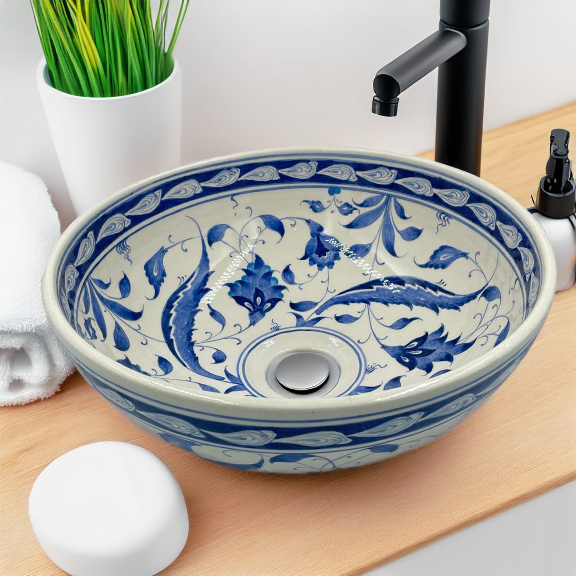 Hand-painted Blue Floral Ceramic Sink | Elegant Bathroom Vessel Basin ...