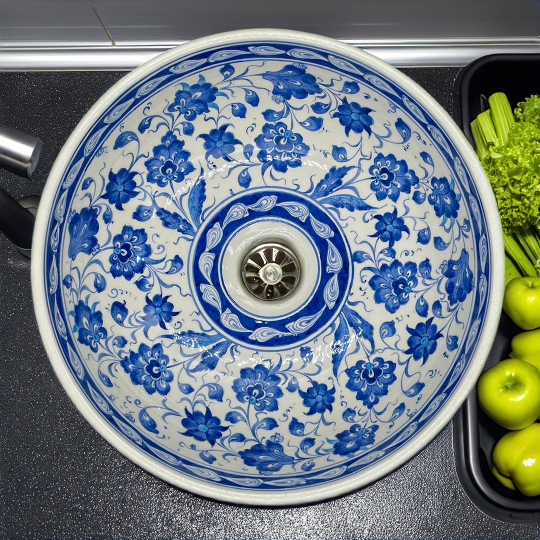 Hand-painted Blue Floral Ceramic Sink - Elegant Bathroom Vessel Basin ...