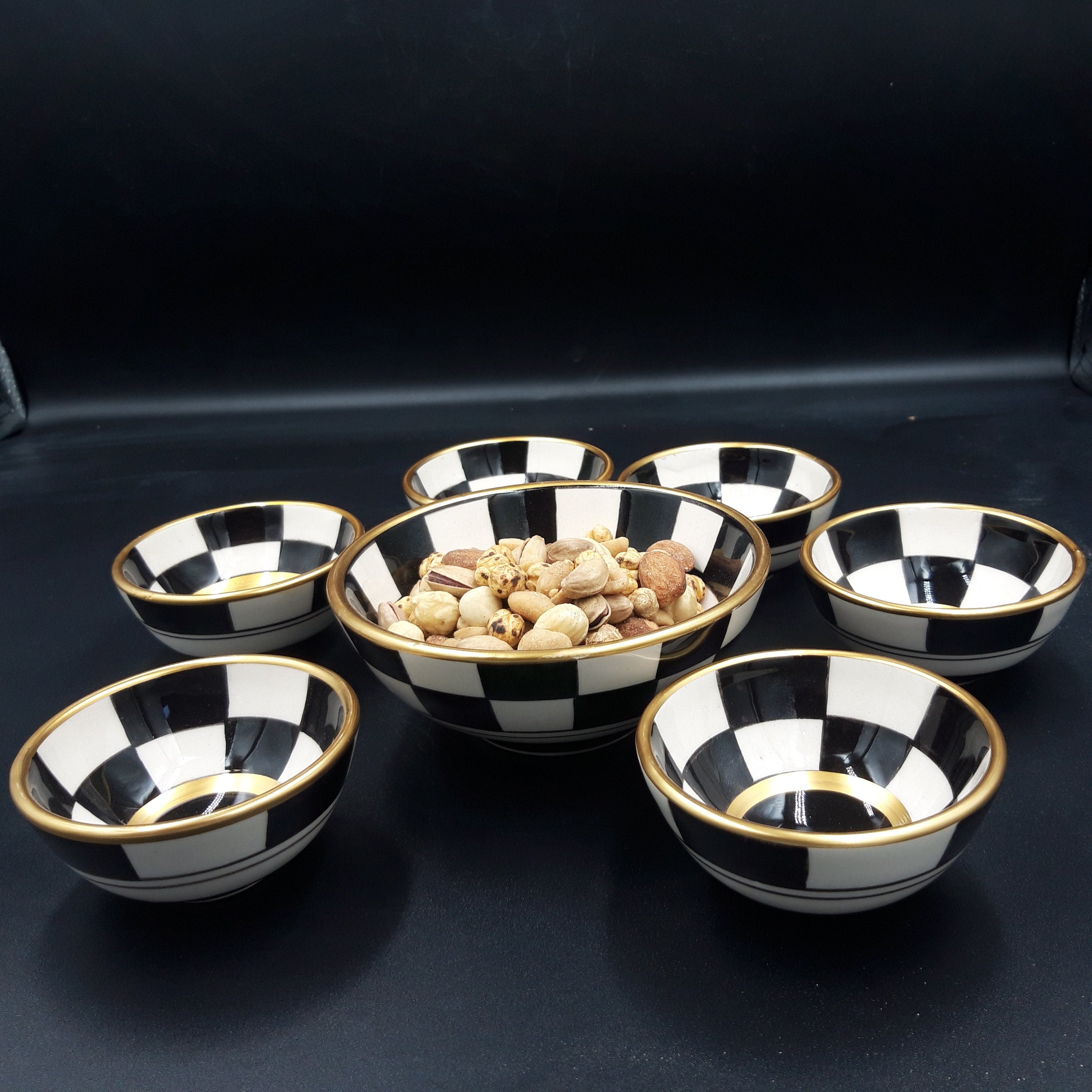 Black and White Checkered Gold Rimmed 7 Piece Breakfast and Snack Set ...