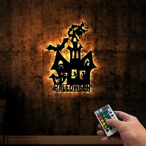Haunted Witch House Metal Wall Art With Led Lights, Spooky Castle Sign ...