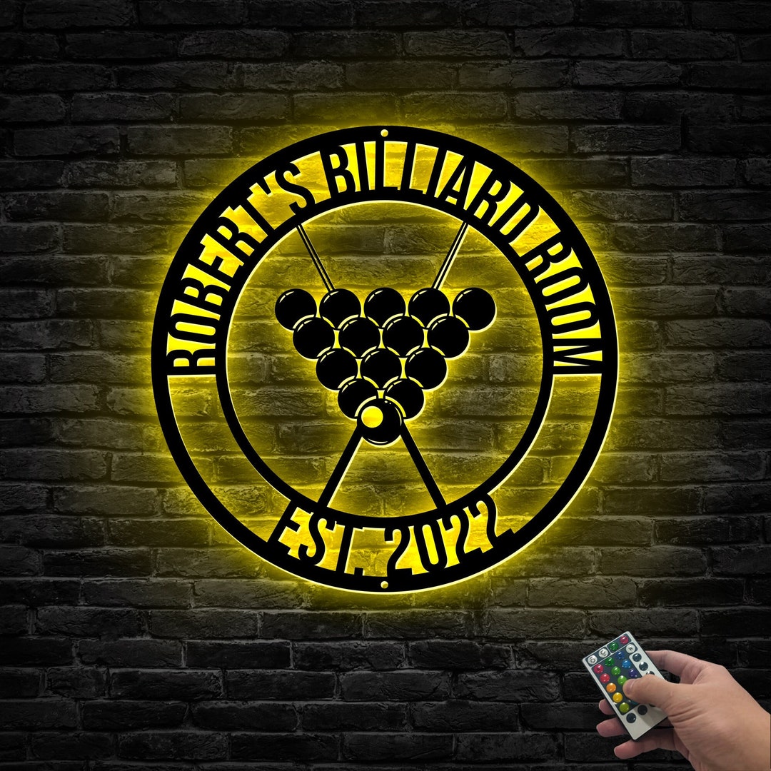 Personalized Billiards Metal Wall Art With Led Lights, Billiards Room ...