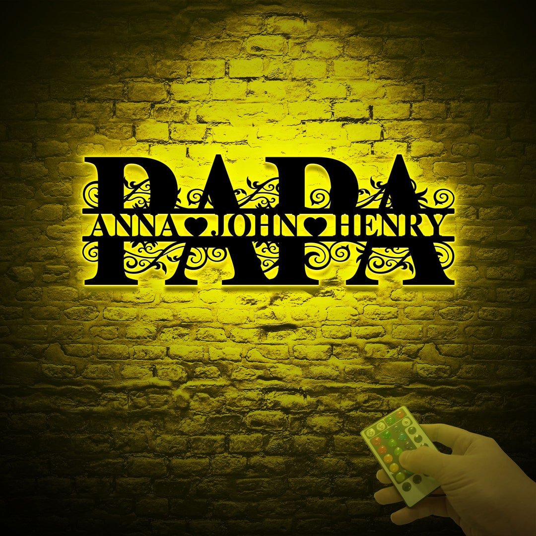 Personalized Papa Metal Sign Led Light With Kids Name, Papa Dad Split ...