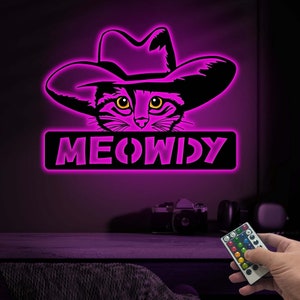 Cowboy Cat Metal Wall Art With Led Light, Meowdy Sign Funny Gift ...