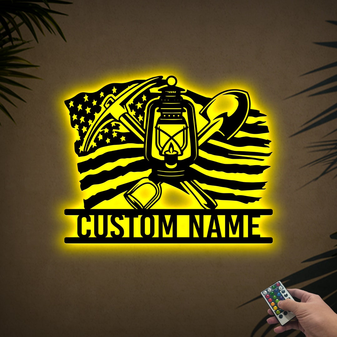 Custom Coal Mining US Flag Metal Wall Art With Led Light, Coal Mining ...