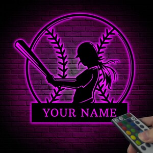 Personalized Softball Girl Metal Wall With Lights, Custom Softball Name ...