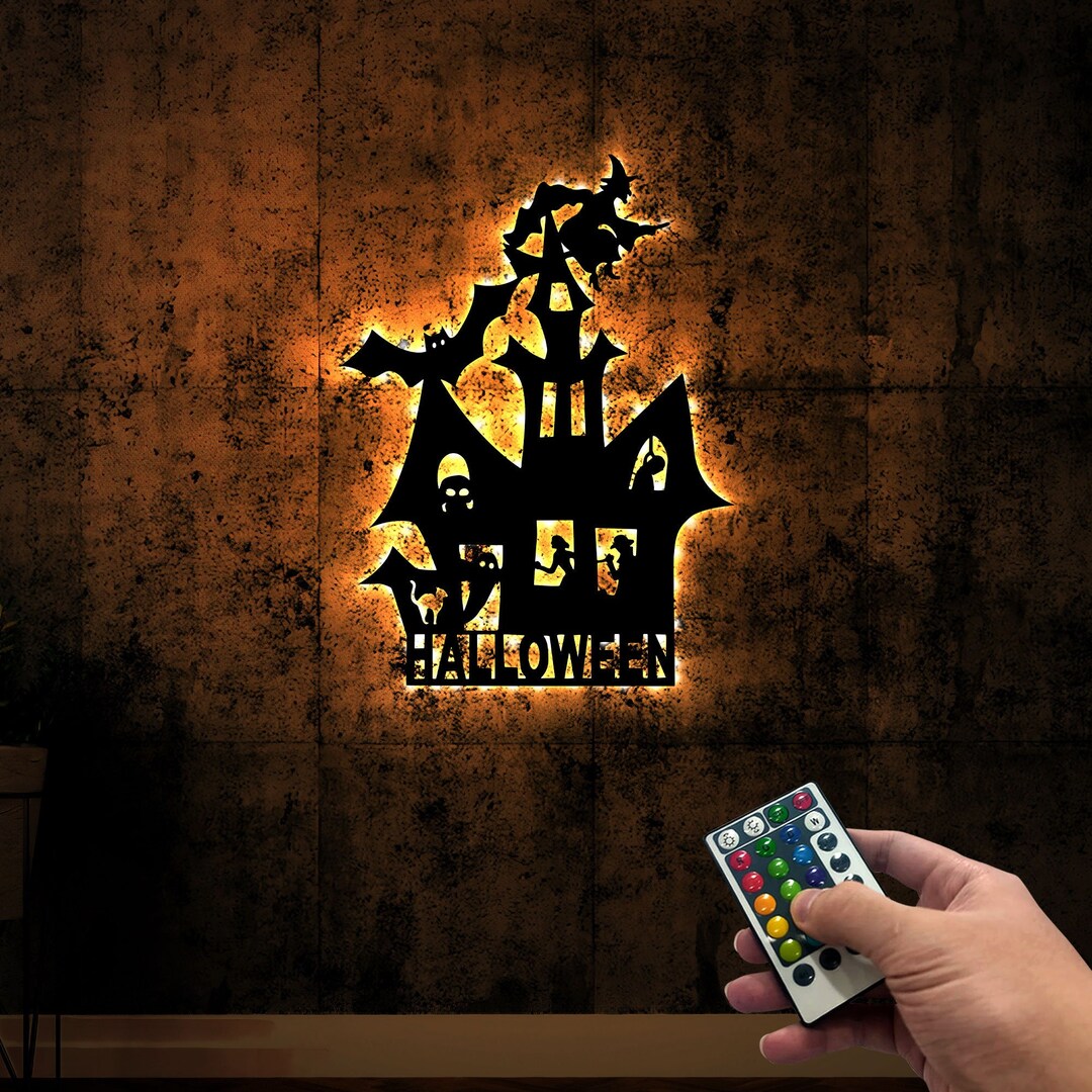 Haunted Witch House Metal Wall Art With Led Lights, Spooky Castle Sign ...
